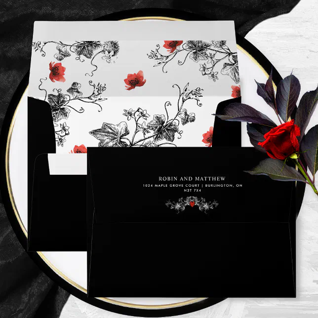 Elegant Black and Red Victorian Gothic Wedding Envelope | Zazzle