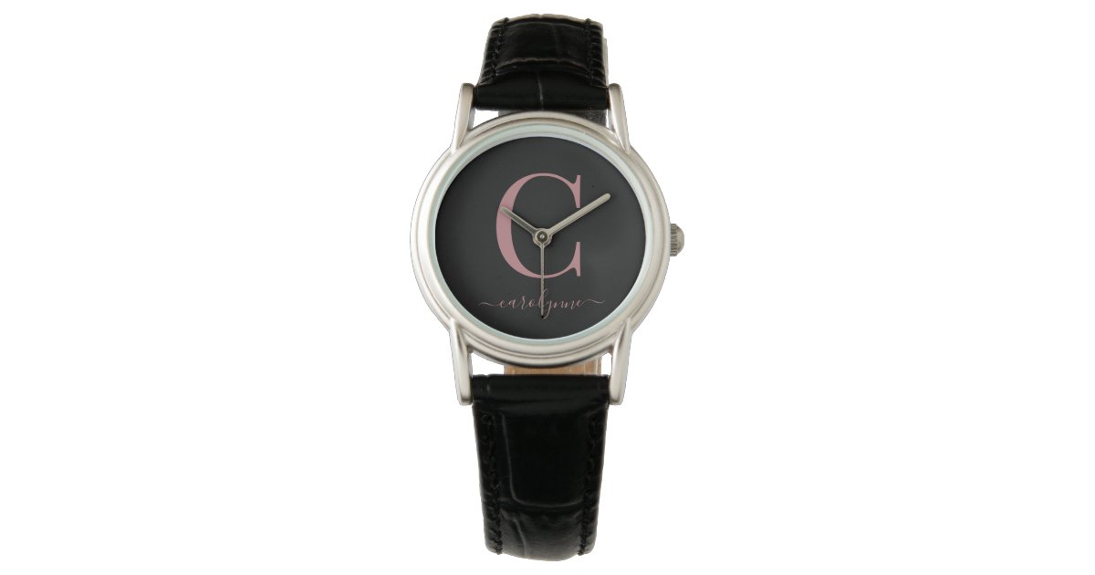 Elegant Black and Rose Gold Monogram Calligraphy Watch | Zazzle