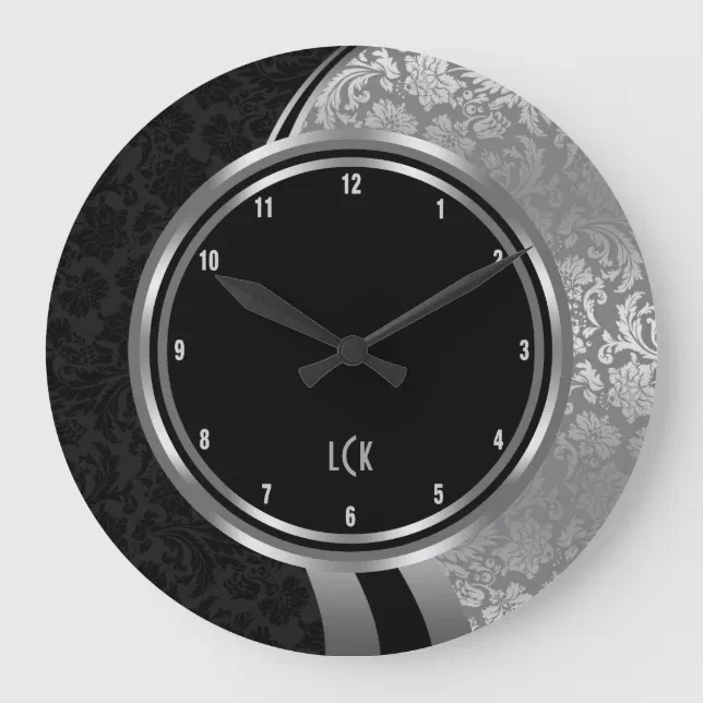 Elegant Black And Silver Damasks Silver Frame Large Clock | Zazzle