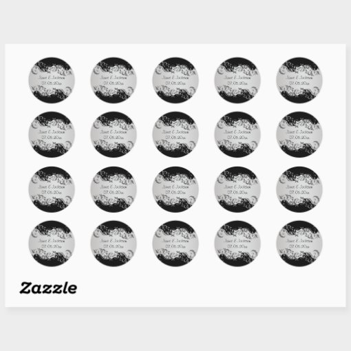 Elegant Black and Silver Floral Wedding Classic Round Sticker | Zazzle