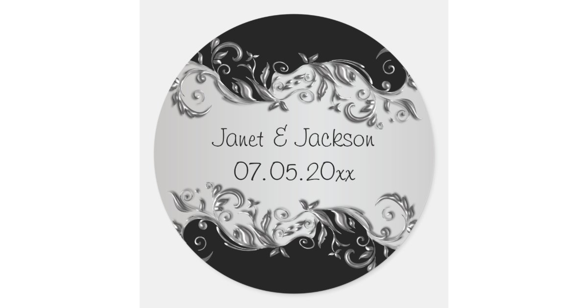 Elegant Black and Silver Floral Wedding Classic Round Sticker | Zazzle