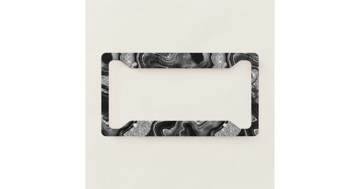 Elegant Black and Silver Glitter Agate Pattern License Plate Frame | Zazzle