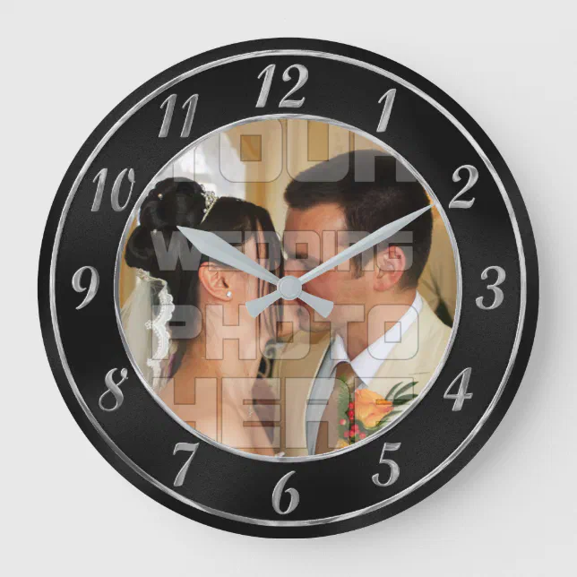 Elegant Black and Silver Wedding Photo Clock | Zazzle