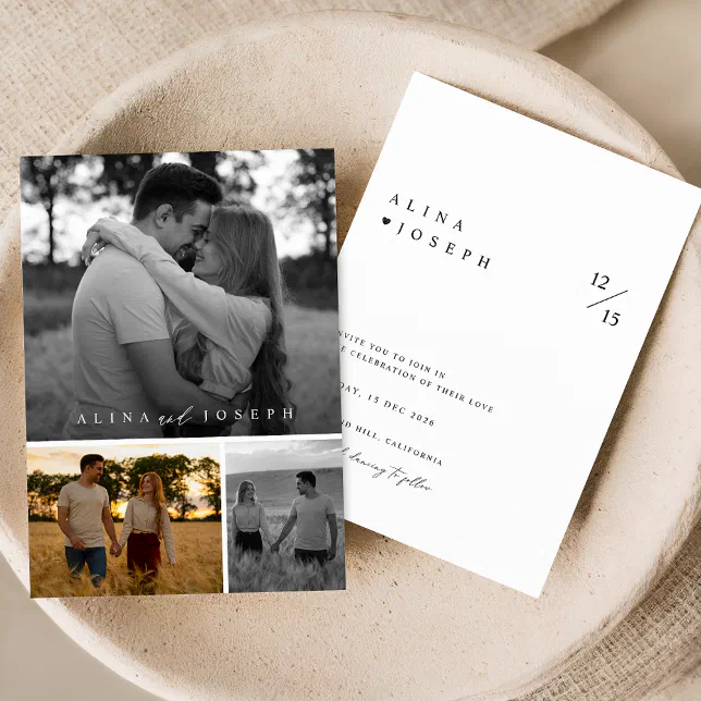 Elegant Black and White 3 Photo Collage Wedding Invitation | Zazzle