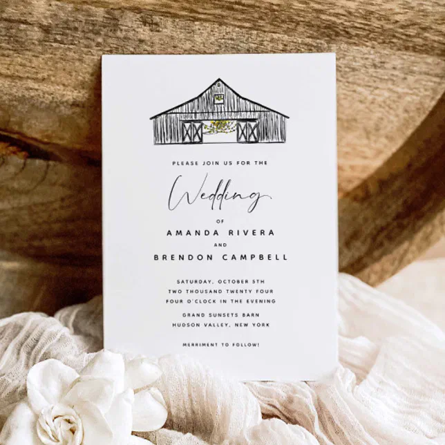 Elegant Black and White Barn Wedding Invitation | Zazzle