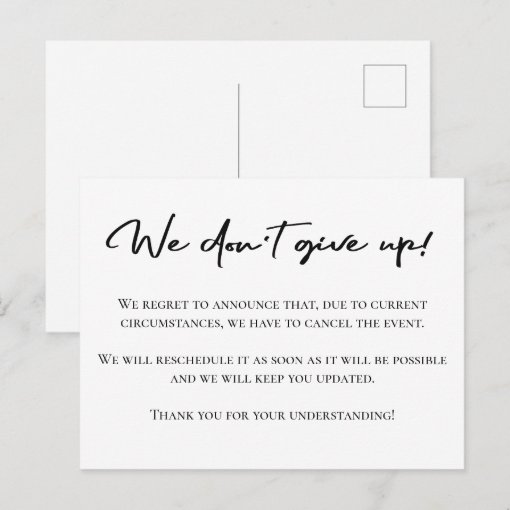 Elegant black and white cancellation announcement postcard | Zazzle