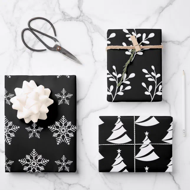 Elegant Black and White Christmas Elements Wrapping Paper Sheets | Zazzle