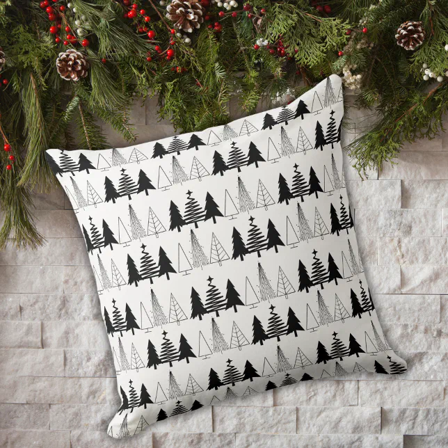 Elegant Black and White Christmas Trees Throw Pillow | Zazzle
