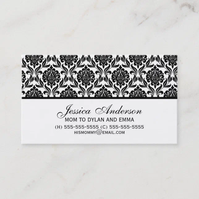 Elegant Black and White Damask Pattern Calling Card | Zazzle