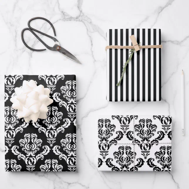 Elegant Black and White Damask Wrapping Paper Sheets | Zazzle