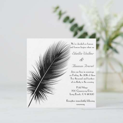 Elegant Black and White Feather Wedding Invitation | Zazzle