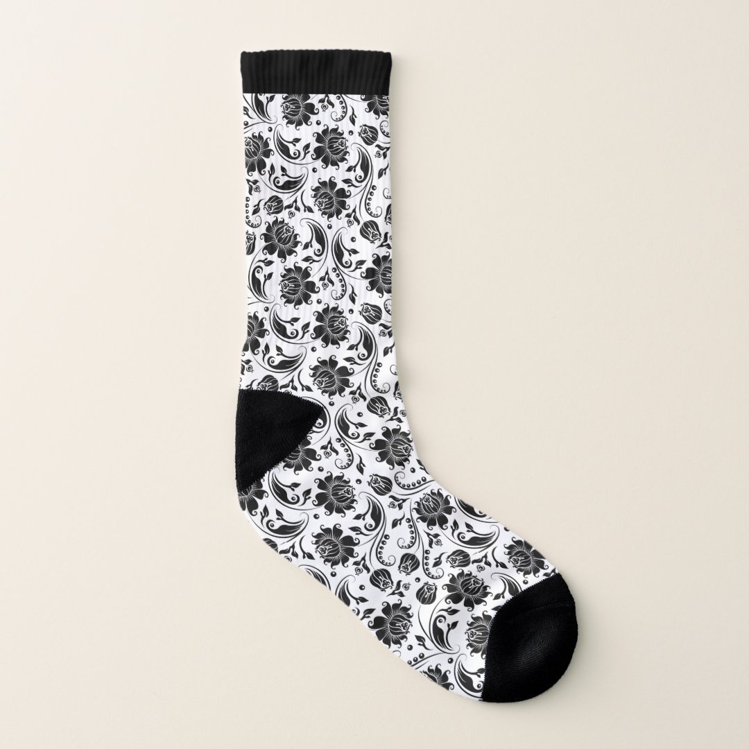 Elegant black and white floral damasks pattern socks | Zazzle