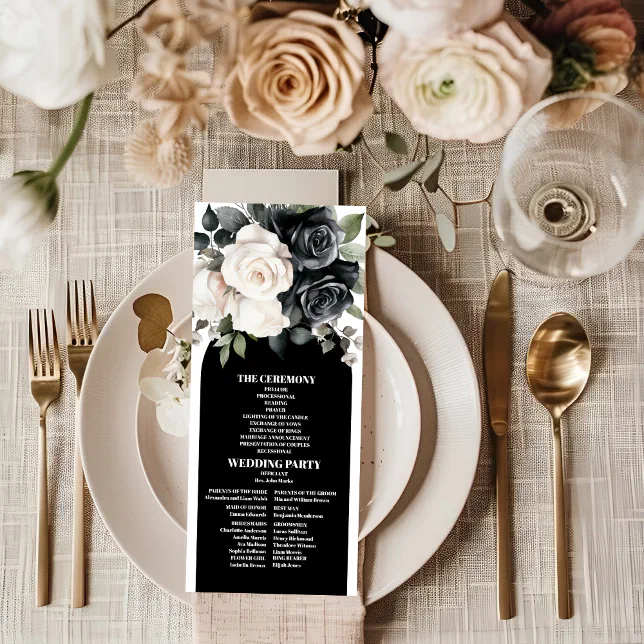 Elegant Black and White Floral Wedding Program | Zazzle