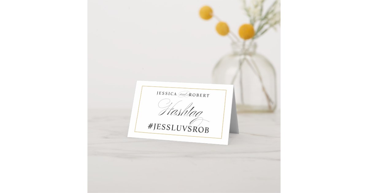 Elegant Black and White Gold Border Hashtag Sign Place Card | Zazzle