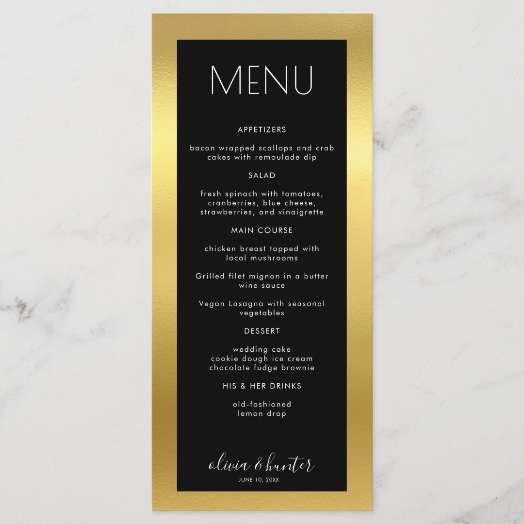 Elegant Black and White Gold Dinner Menu | Zazzle