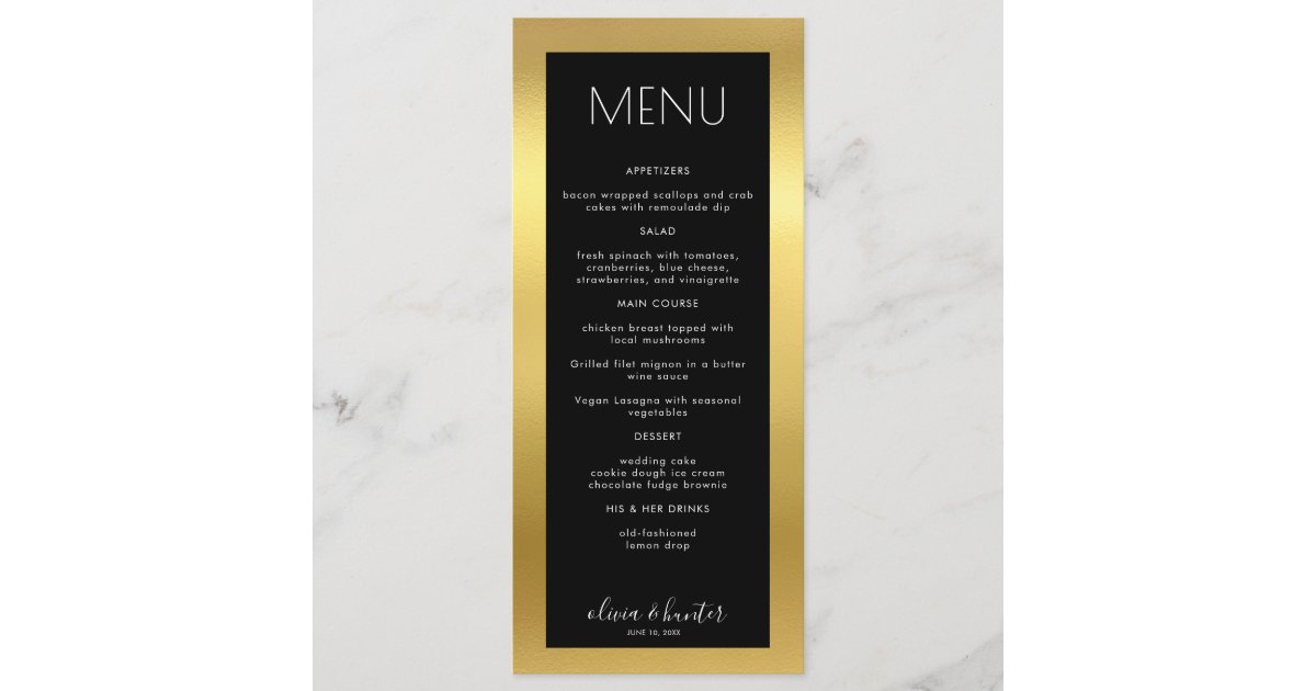 Elegant Black and White Gold Dinner Menu | Zazzle