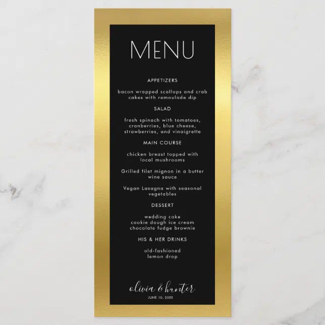 Elegant Black and White Gold Dinner Menu | Zazzle