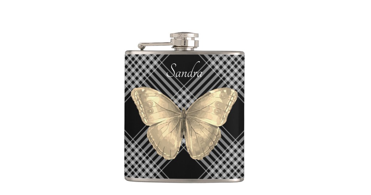 Elegant black and white golden Butterfly Flask | Zazzle