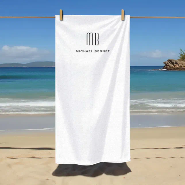 Elegant Black and White Monogrammed Beach Towel | Zazzle
