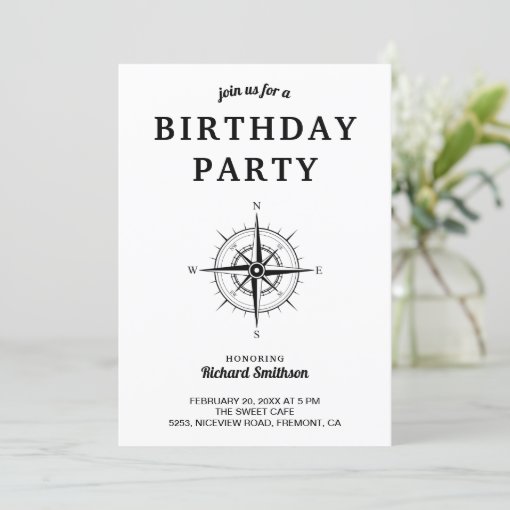 Elegant Black and White Nautical Compass Birthday Invitation | Zazzle