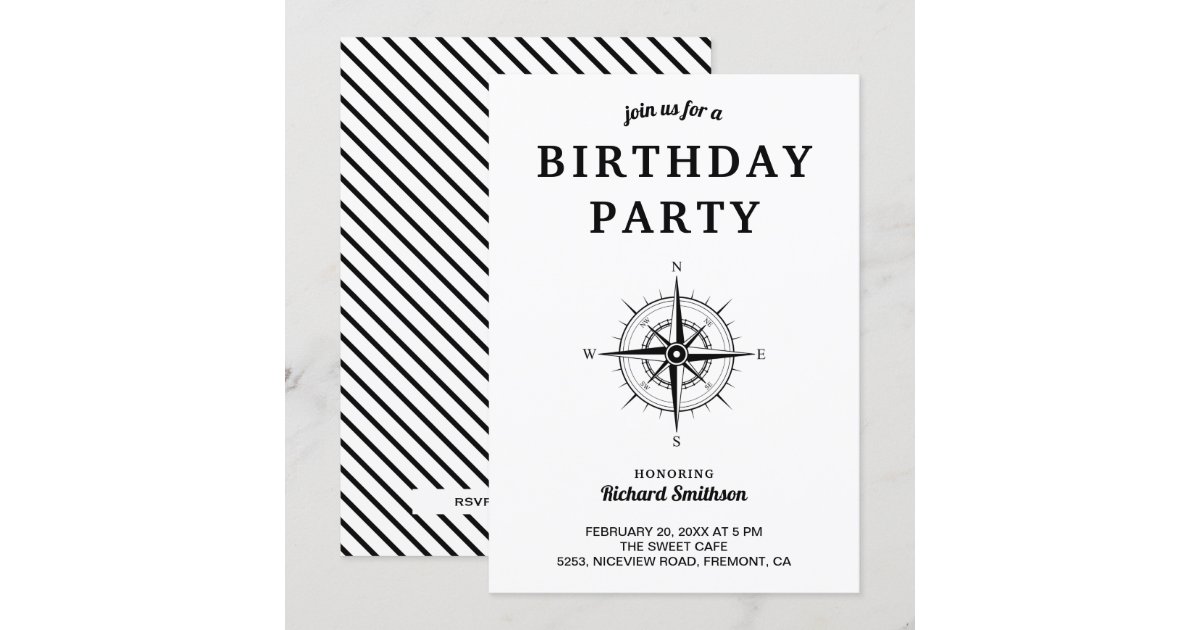 Elegant Black and White Nautical Compass Birthday Invitation | Zazzle