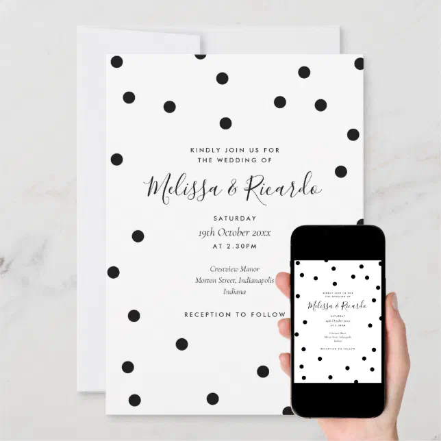 Elegant Black and White Polka Dots Wedding Invitation | Zazzle