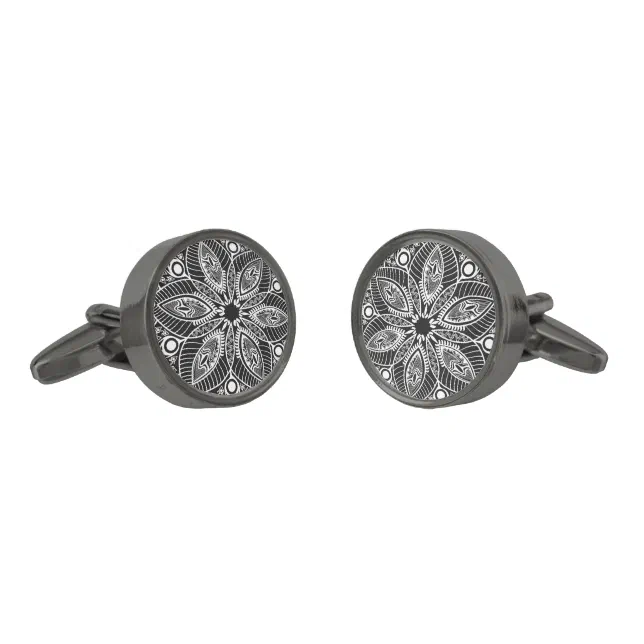 Elegant Black And White Retro Lace Circle Gunmetal Finish Cufflinks ...