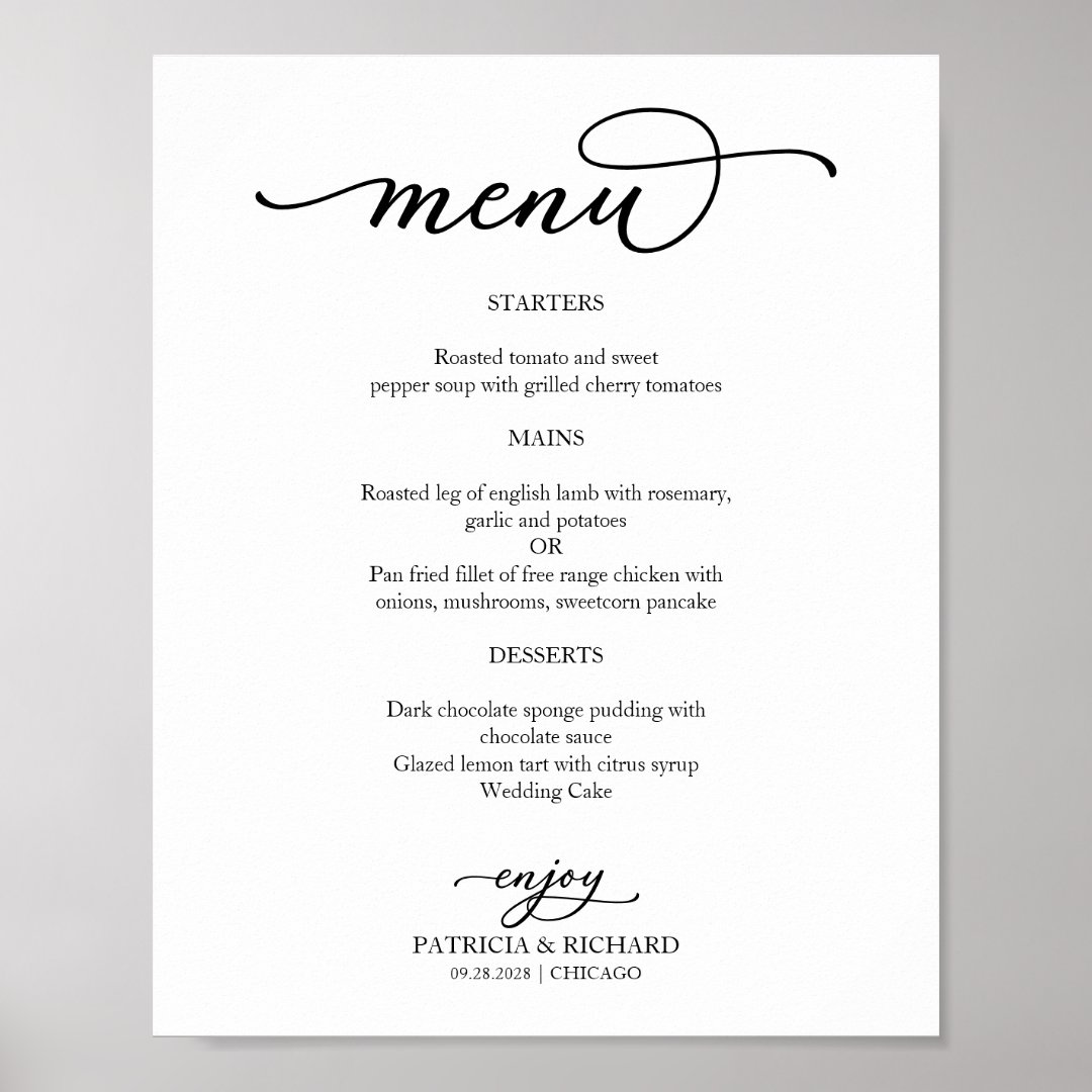 Elegant Black and White Script Wedding Menu Poster | Zazzle