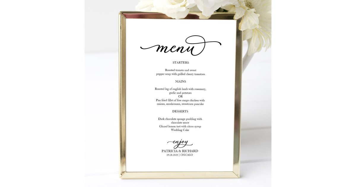 Elegant Black and White Script Wedding Menu Poster | Zazzle