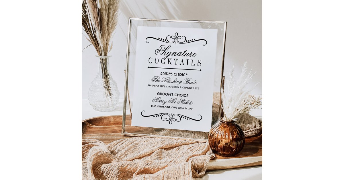 Elegant Black and White Signature Cocktails Sign | Zazzle