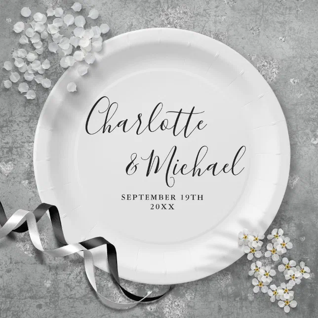 Elegant Black And White Signature Script Wedding Paper Plates | Zazzle