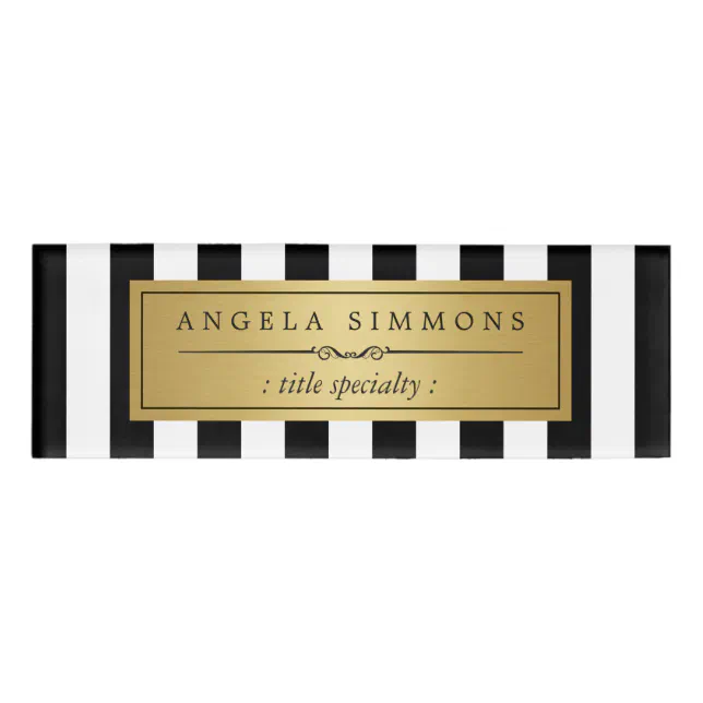 Elegant Black and White Stripes Gold Name Label Name Tag | Zazzle