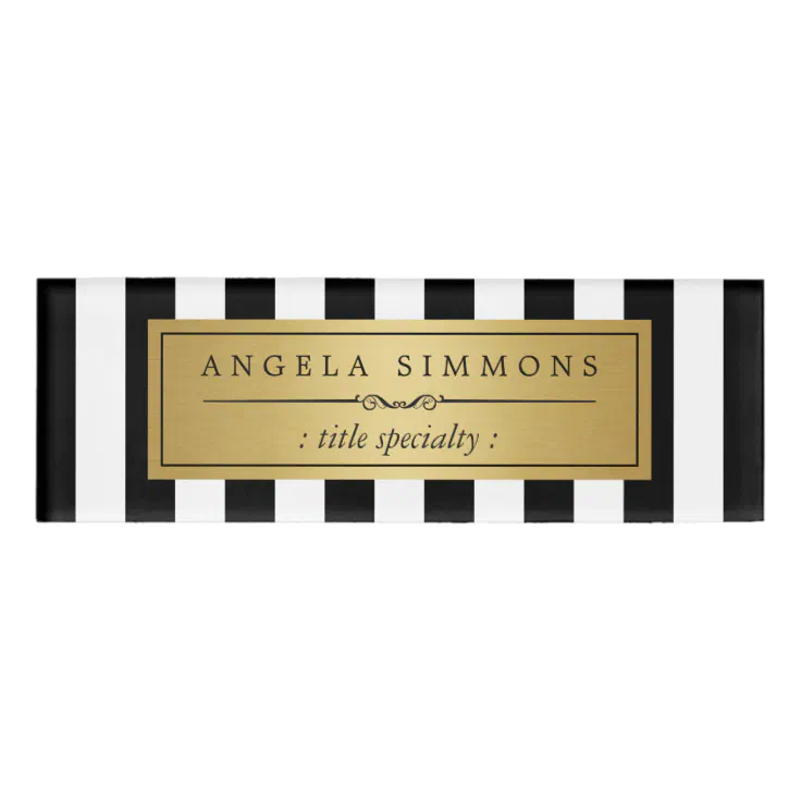 Elegant Black and White Stripes Gold Name Label Name Tag | Zazzle