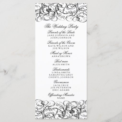 Elegant black and white swirls wedding program | Zazzle