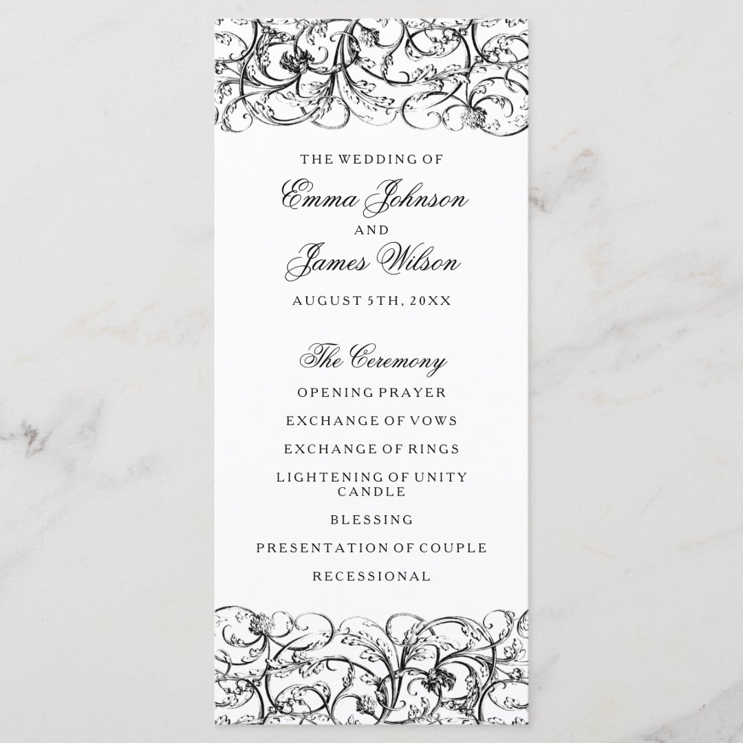 Elegant black and white swirls wedding program | Zazzle