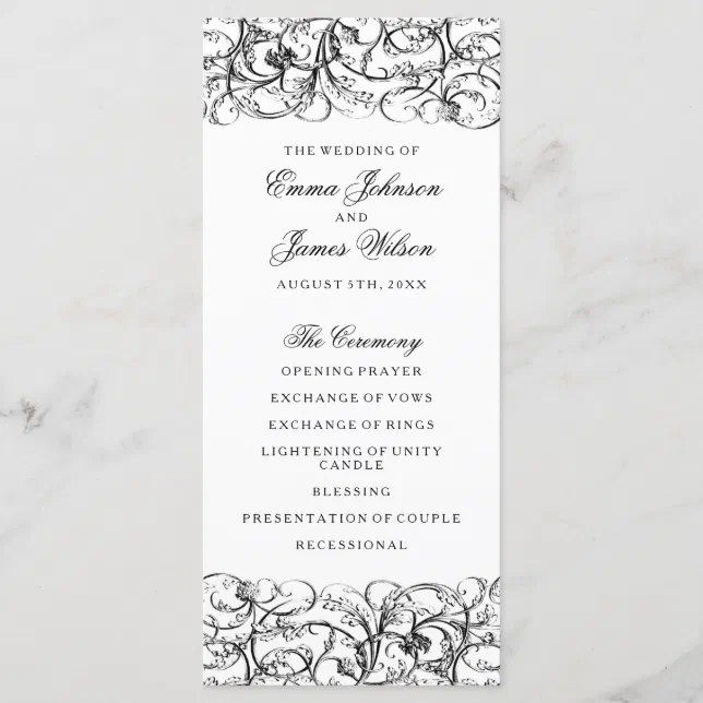 Elegant black and white swirls wedding program | Zazzle