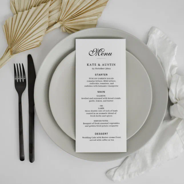 elegant black and white wedding menu card | Zazzle