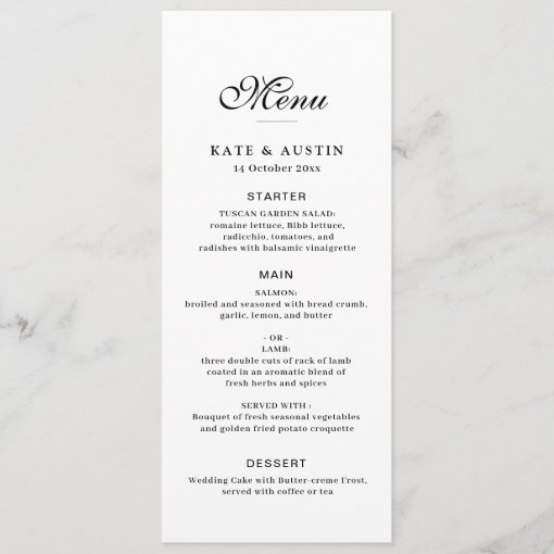 elegant black and white wedding menu card | Zazzle