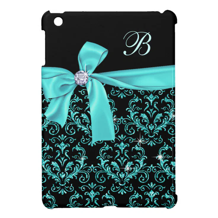 Elegant Black Aqua Damask Diamond Bow Monogram iPad Mini Case | Zazzle