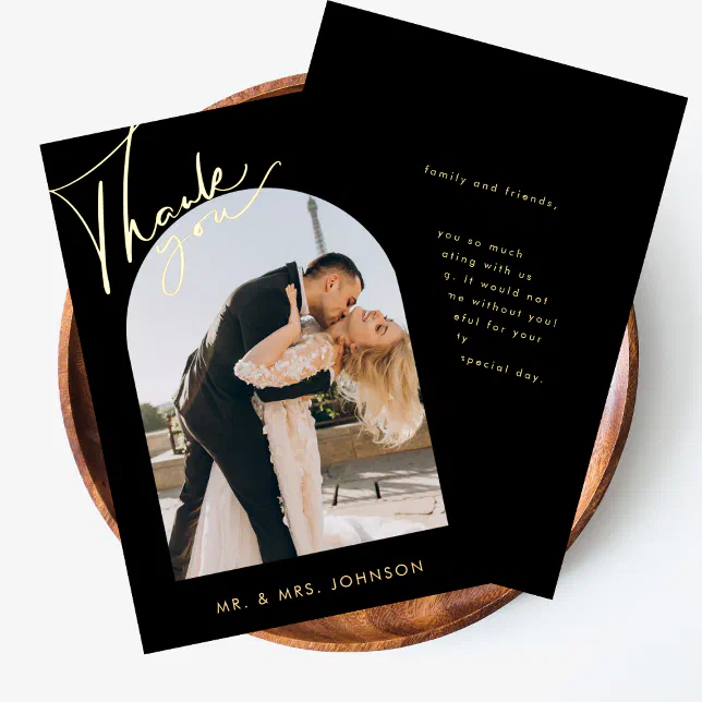 Elegant Black Arch Script Wedding Thank You Card | Zazzle