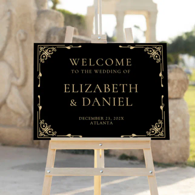 Elegant Black Art Deco Wedding Welcome Sign | Zazzle