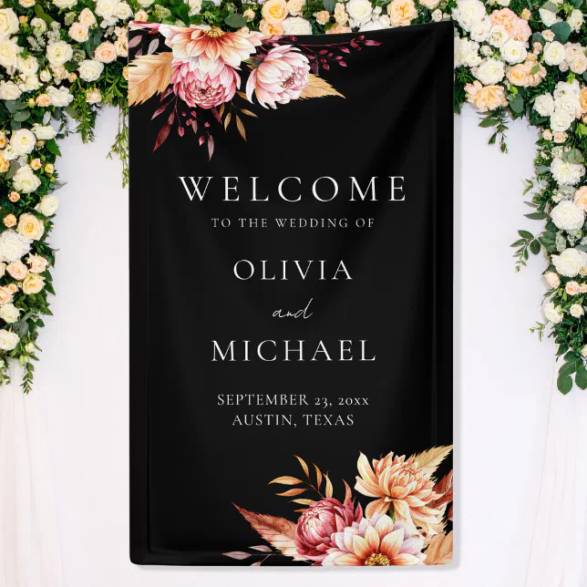 Elegant Black Boho Chic Floral Wedding Welcome Banner | Zazzle