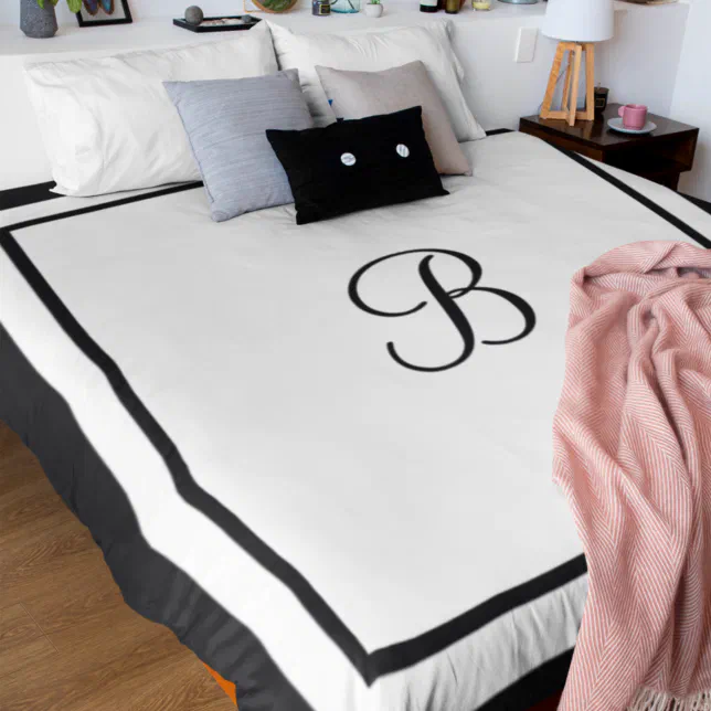 Elegant Black Border Script Monogram Queen Duvet Cover | Zazzle