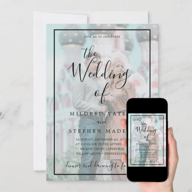 Elegant Black Border Vellum Effect Photo Wedding Invitation | Zazzle