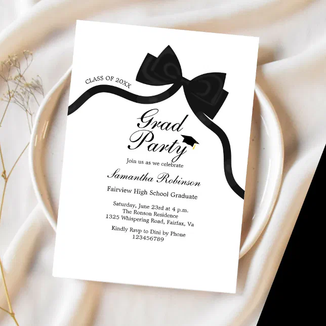 Elegant Black Bow Graduation Party Invitation | Zazzle