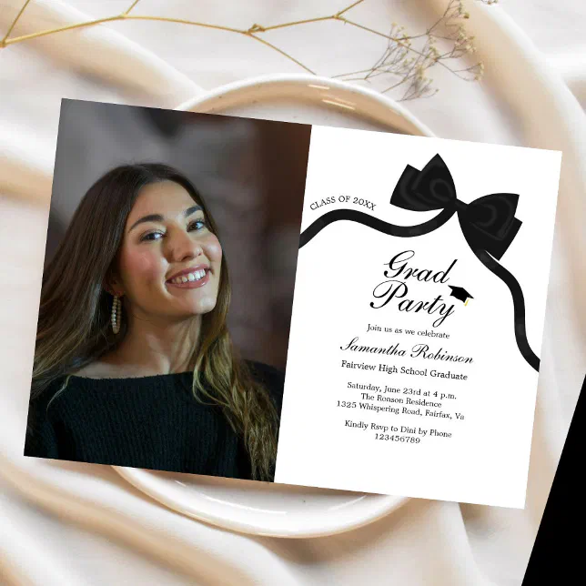 Elegant Black Bow Graduation Party Photo Invitation | Zazzle