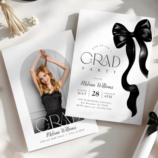 Elegant Black Bow Photo Grad Party Invitation | Zazzle