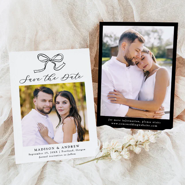 Elegant Black Bow Photo Wedding Save the Date | Zazzle