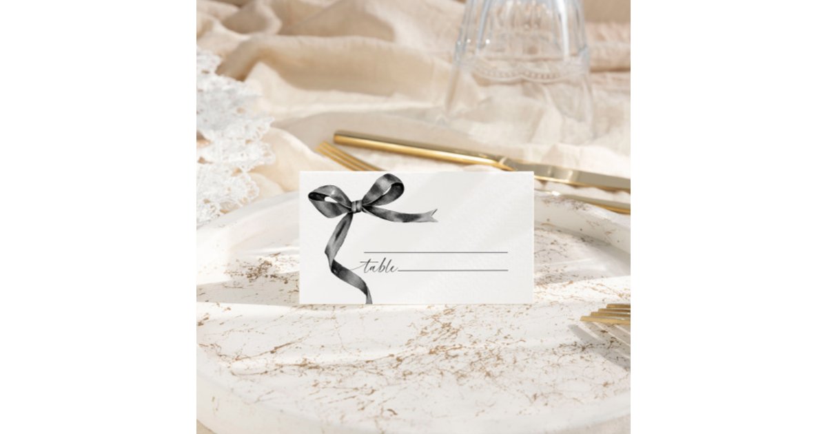 Elegant Black Bow Wedding Place Card | Zazzle