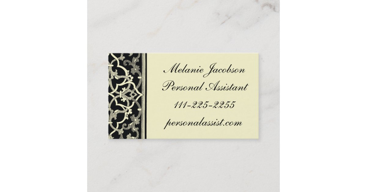 Elegant Black Brocade border business card | Zazzle
